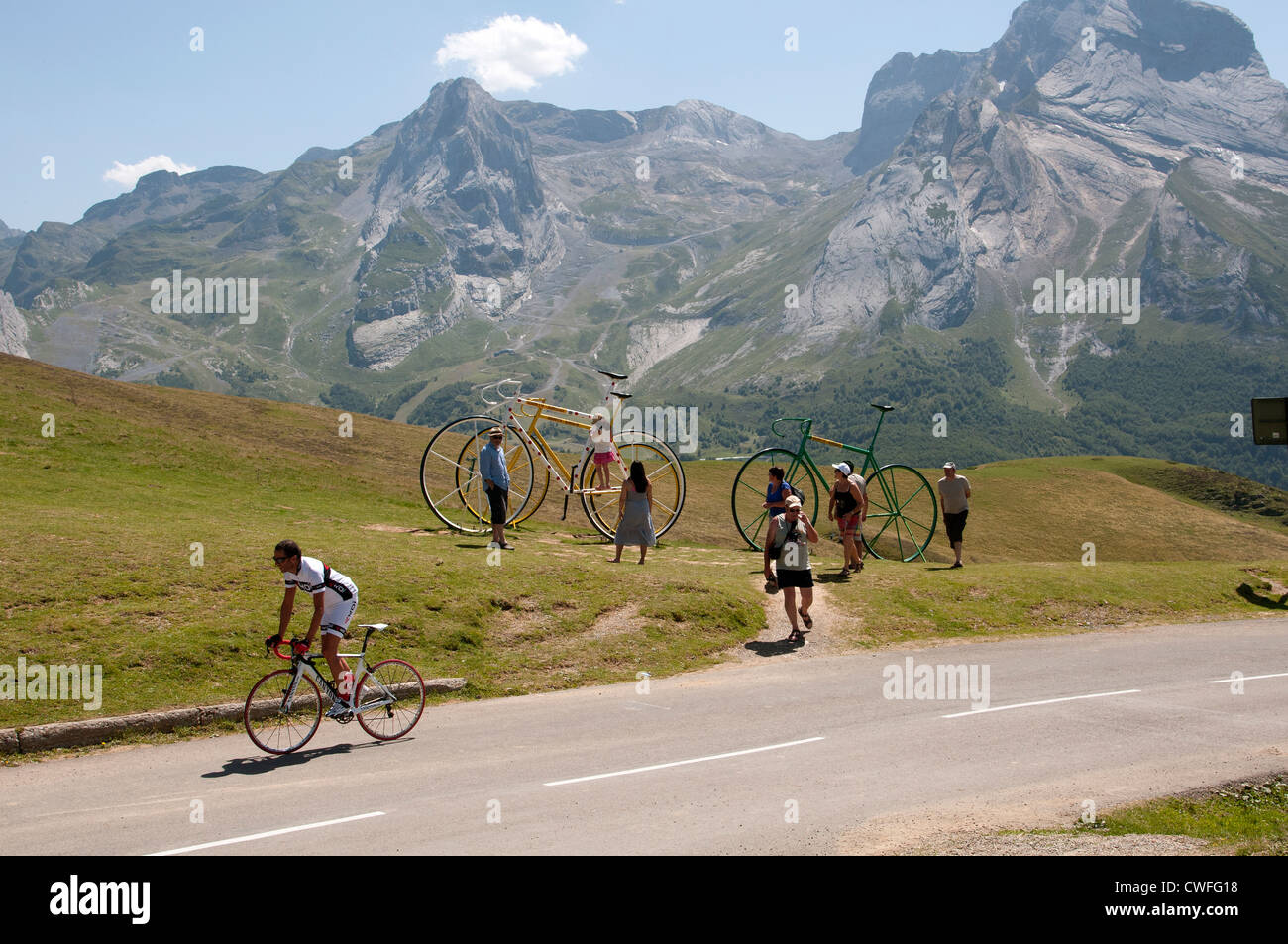 Giant sculptures of racing bikes at the summit Col d' Aubisque a ...