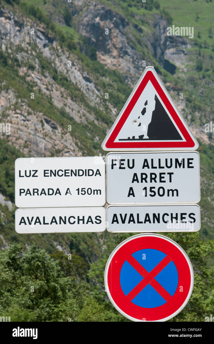 Roadside warning signs for avalanches French Spanish border in the ...