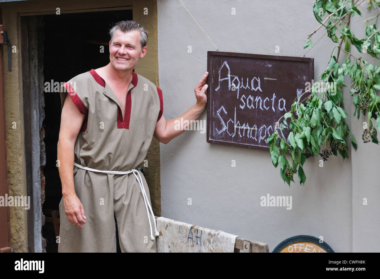 Male actor in medieval costume, at a mediaeval market (Zunftmarkt) in ...