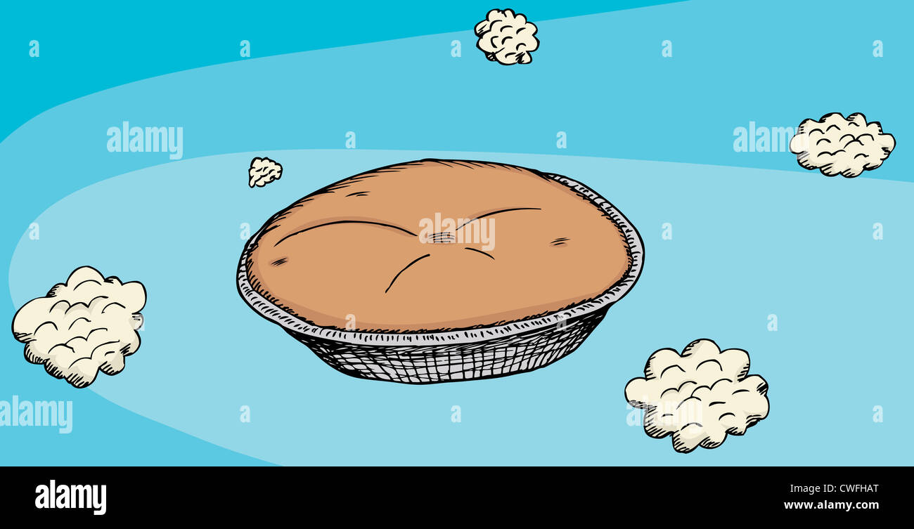 Cartoon of a baked pie in the sky with clouds Stock Photo - Alamy
