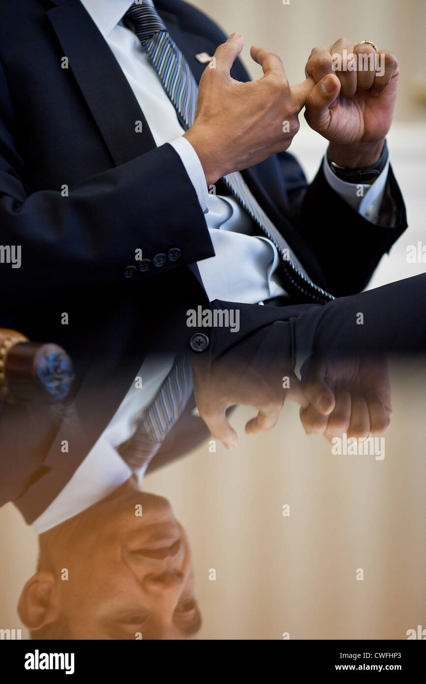President Barack Obama gestures during a meeting in the Oval Office ...