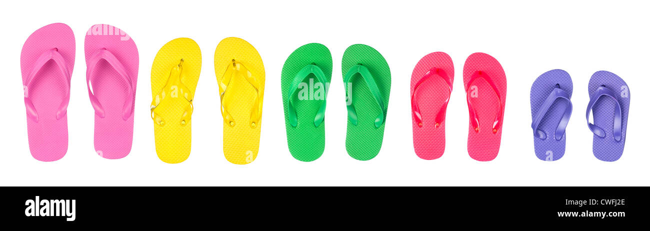 A selection and assortment of rubber flip flops in multiple colors ...