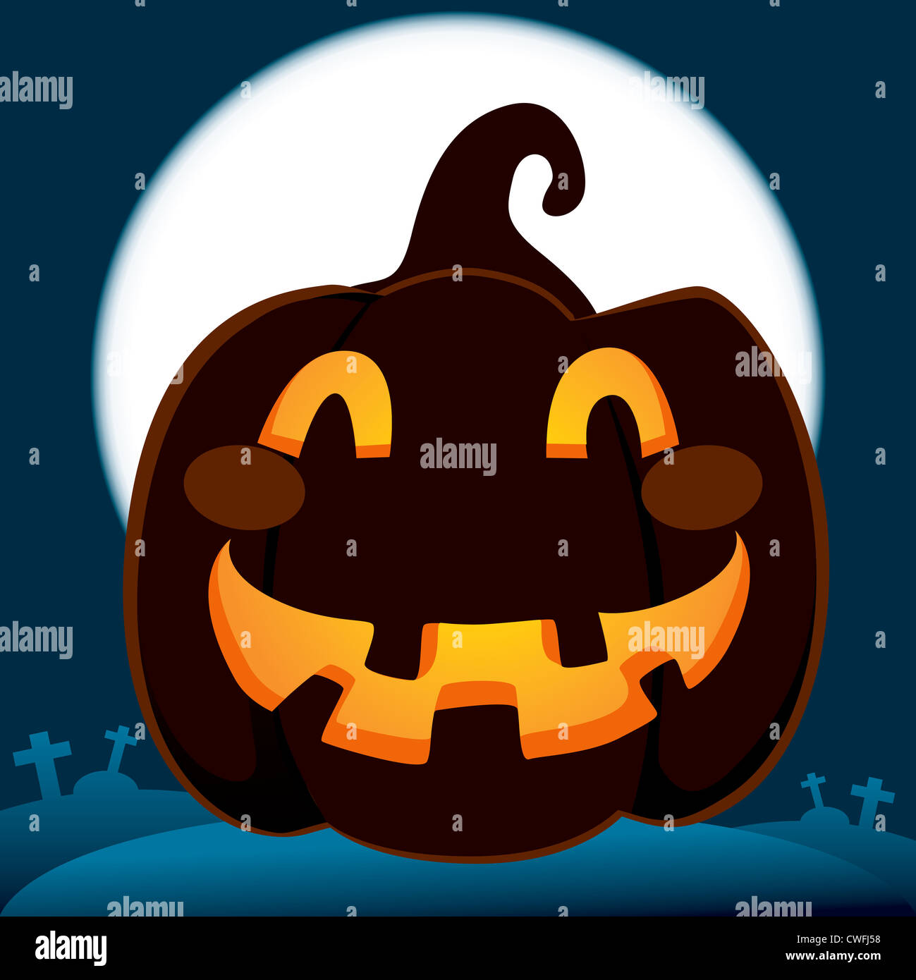 Scary smiling pumpkin in dark cemetery on full moon night of Halloween ...