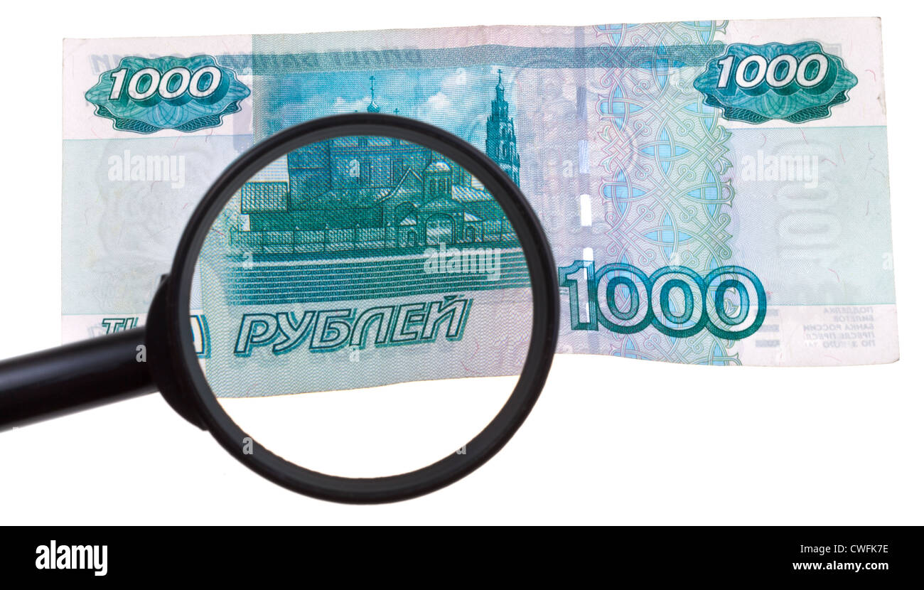 magnifying loupe enlarge banknote isolated on white background Stock ...