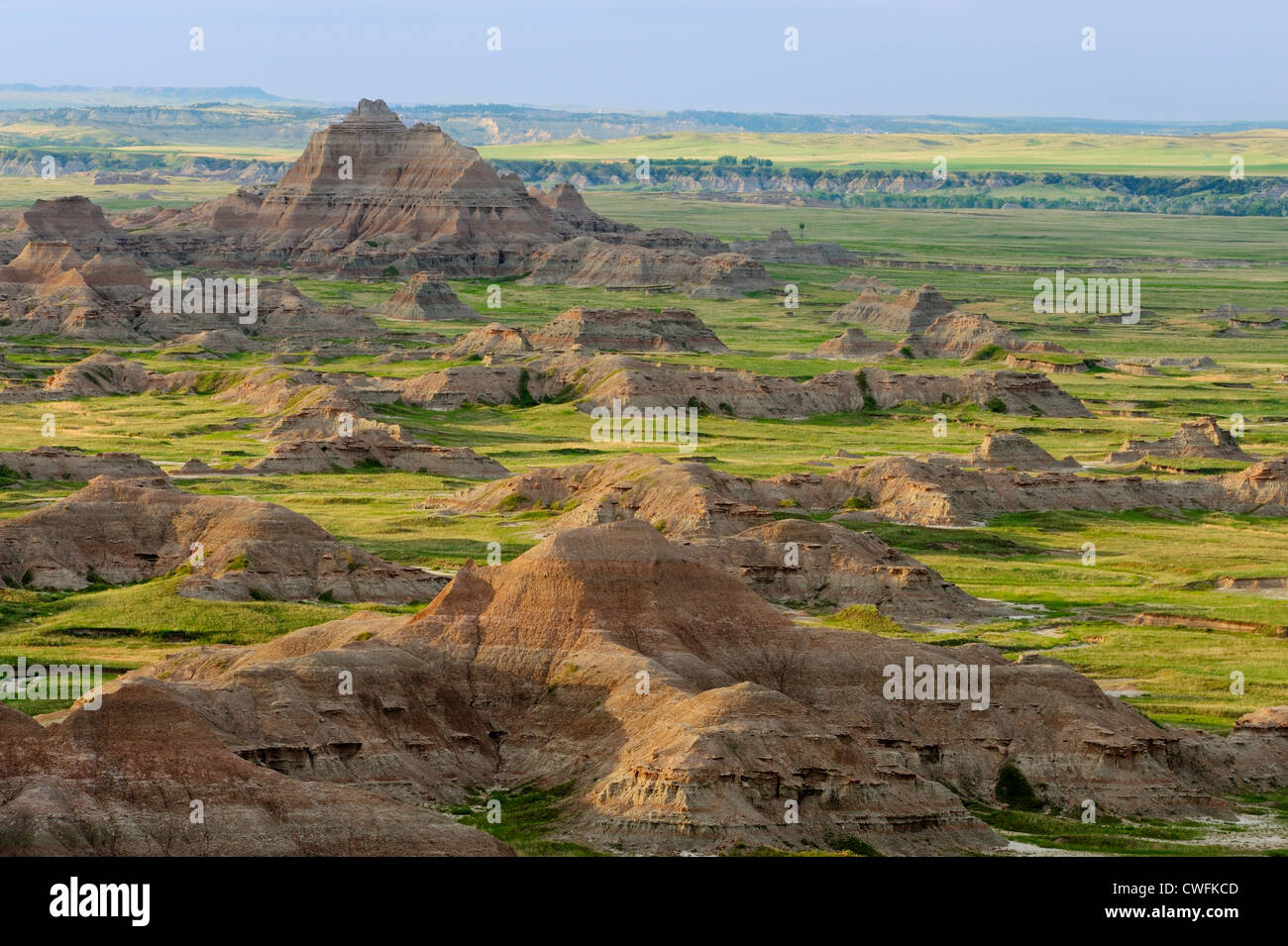 Pinnacles in landscape below high viewpoint, Badlands National Park ...
