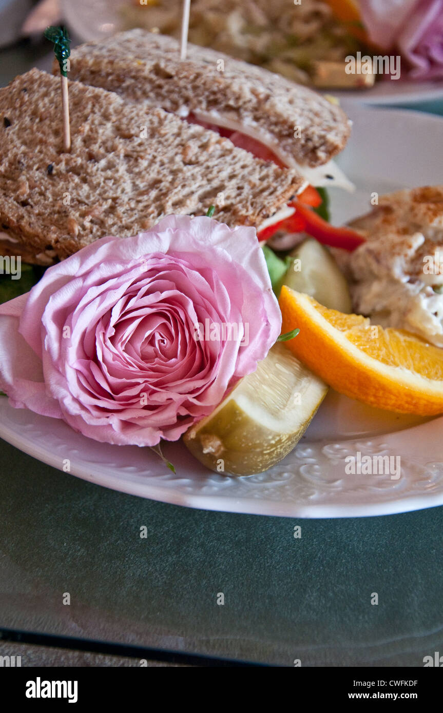 This is a food image with lunch being a sandwich, with a beautiful pink ...