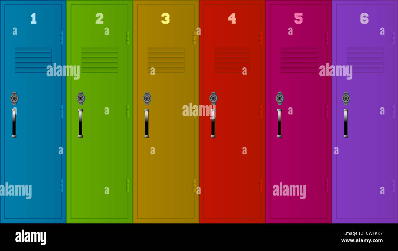 Illustration of six lockers of different colors Stock Photo - Alamy