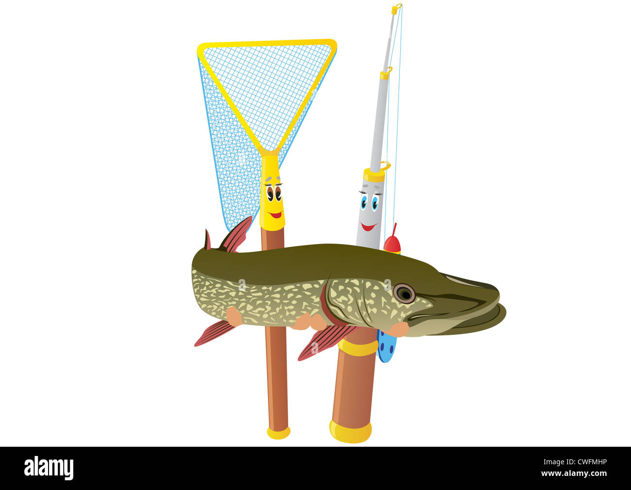 Fishing rod, net and pike Stock Photo - Alamy