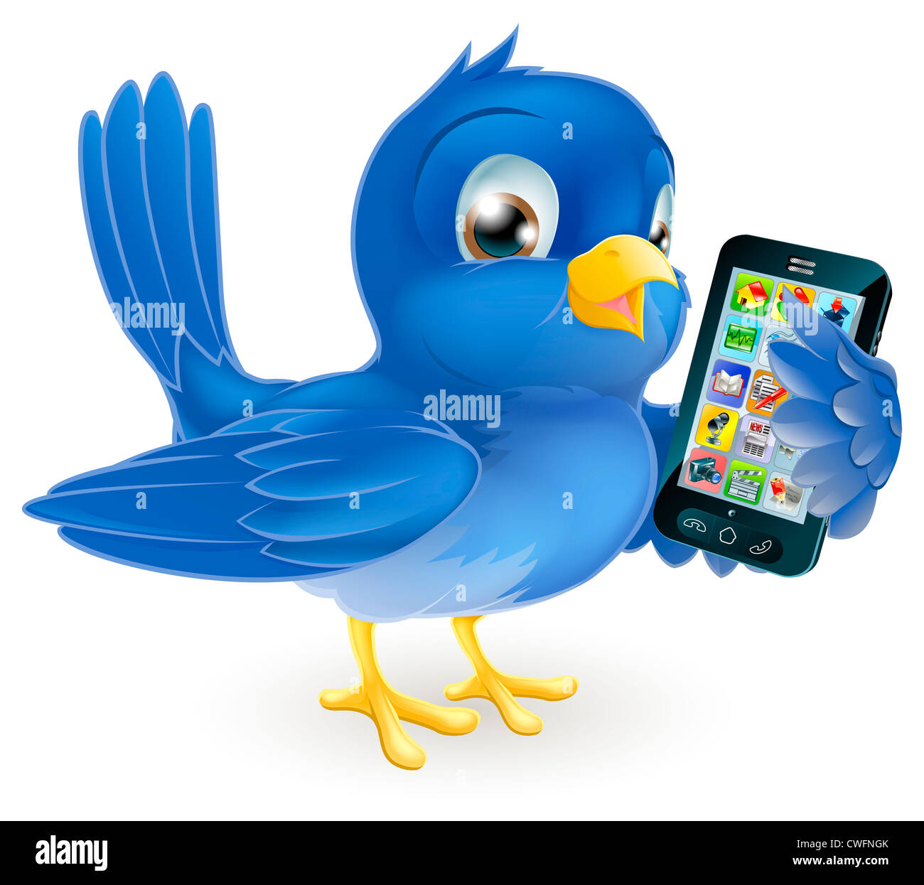 Illustration of a cute happy bluebird holding a mobile cell phone Stock ...