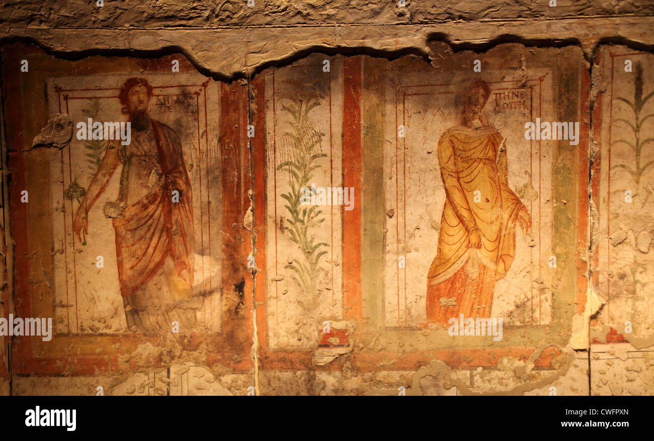 Graeco Roman painted wall fresco of gods and goddesses in red and ...