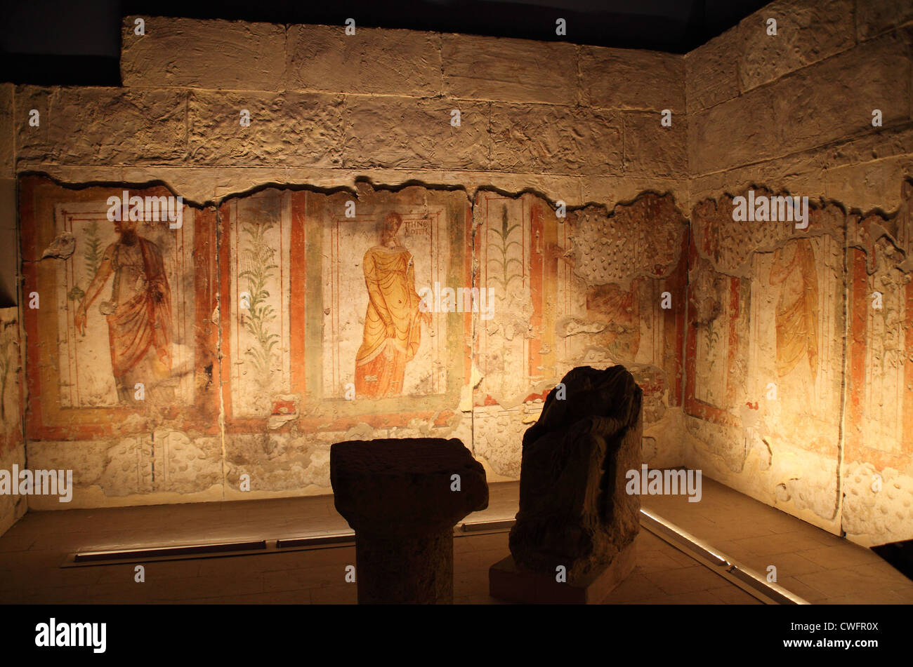 Graeco Roman painted wall fresco of gods and goddesses in red and ...
