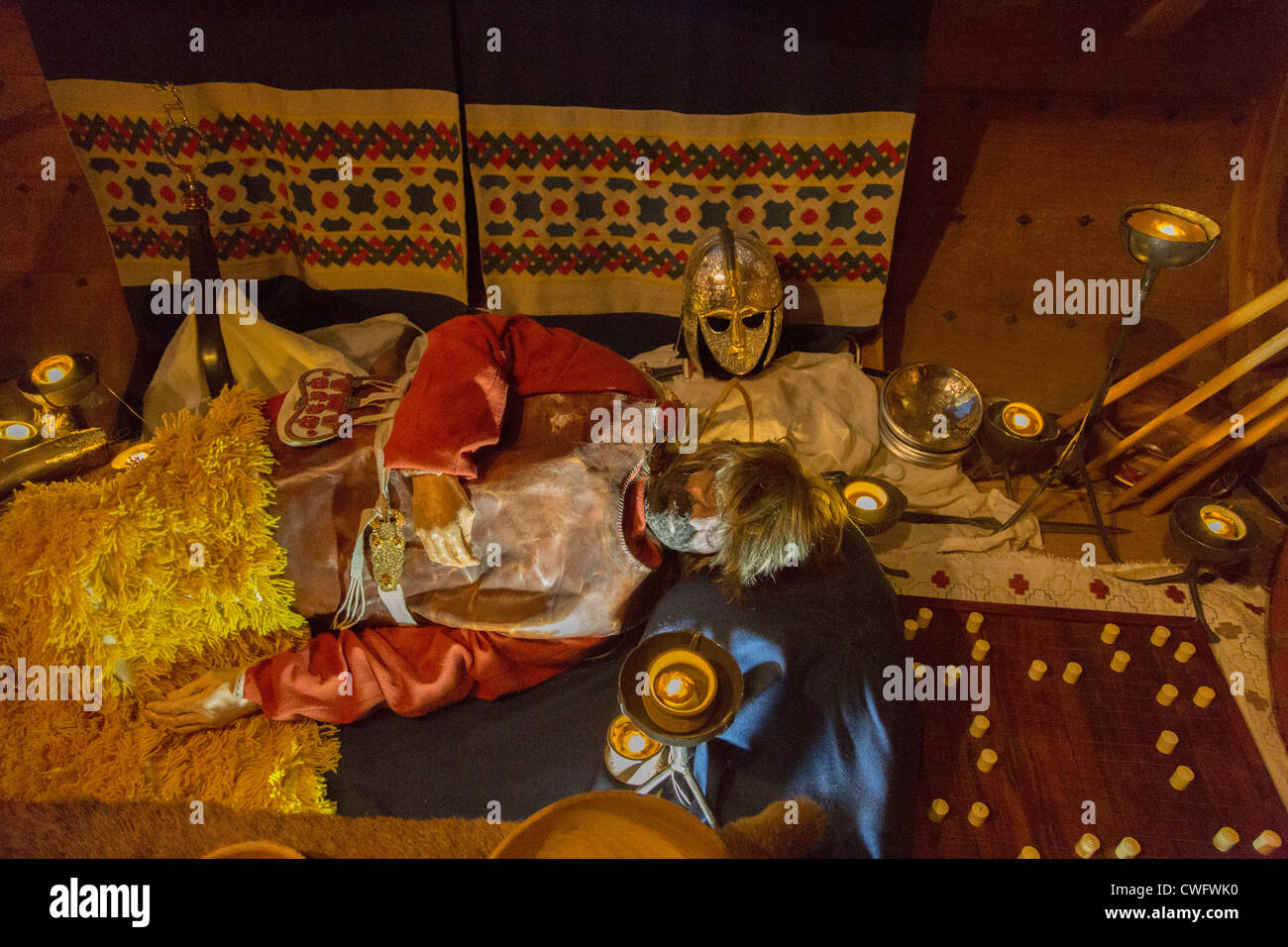 Sutton Hoo Ship burial. Woodbridge, Suffolk, UK. Reproduction of burial ...