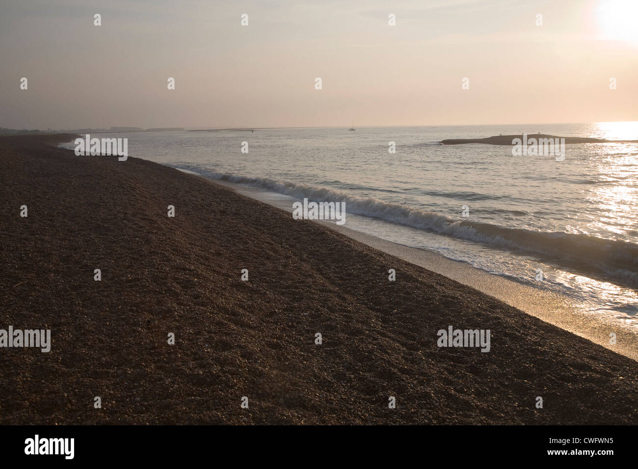 River Ore mouth end of Orford Ness spit Shingle Street, Suffolk ...