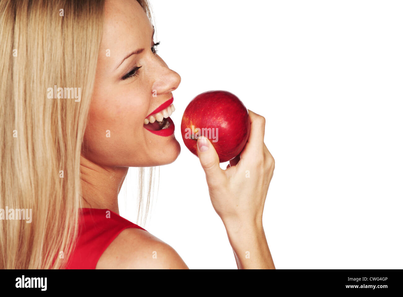 woman eat red apple on white background Stock Photo - Alamy