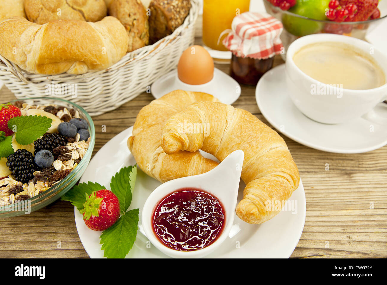 traditional french breakfast in morning on wooden background Stock ...
