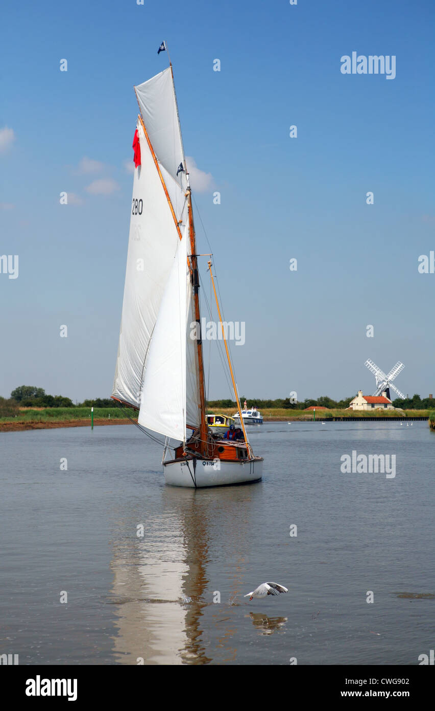 A yacht startles a waterbird on the River Yare in Norfolk, England ...