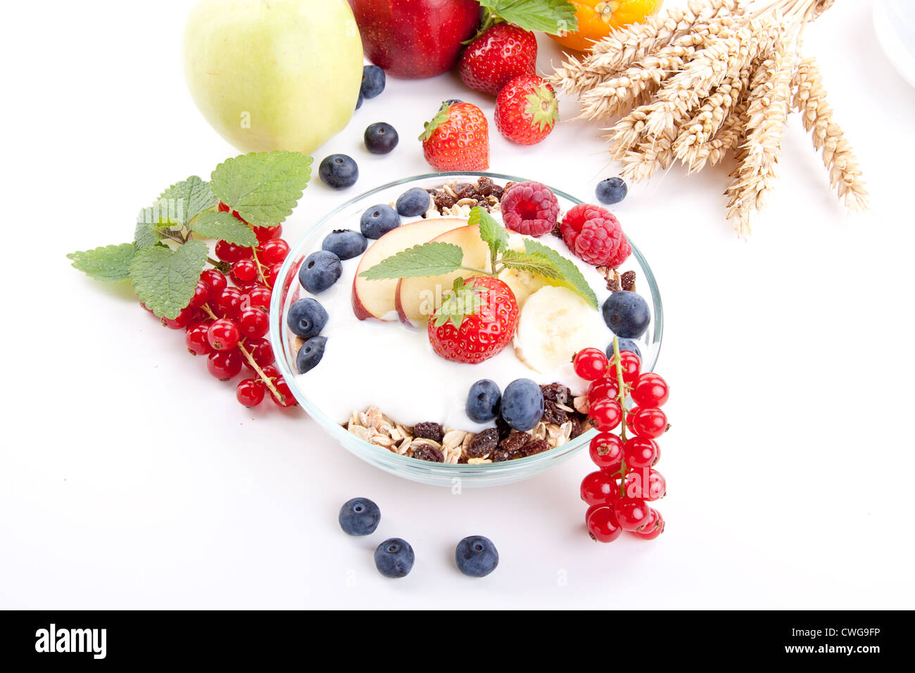 deliscious healthy breakfast with flakes and fruits isolated on white ...