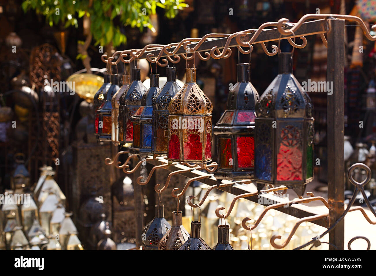 Moroccan glass and metal lanterns lamps in Marrakesh souq Stock Photo ...