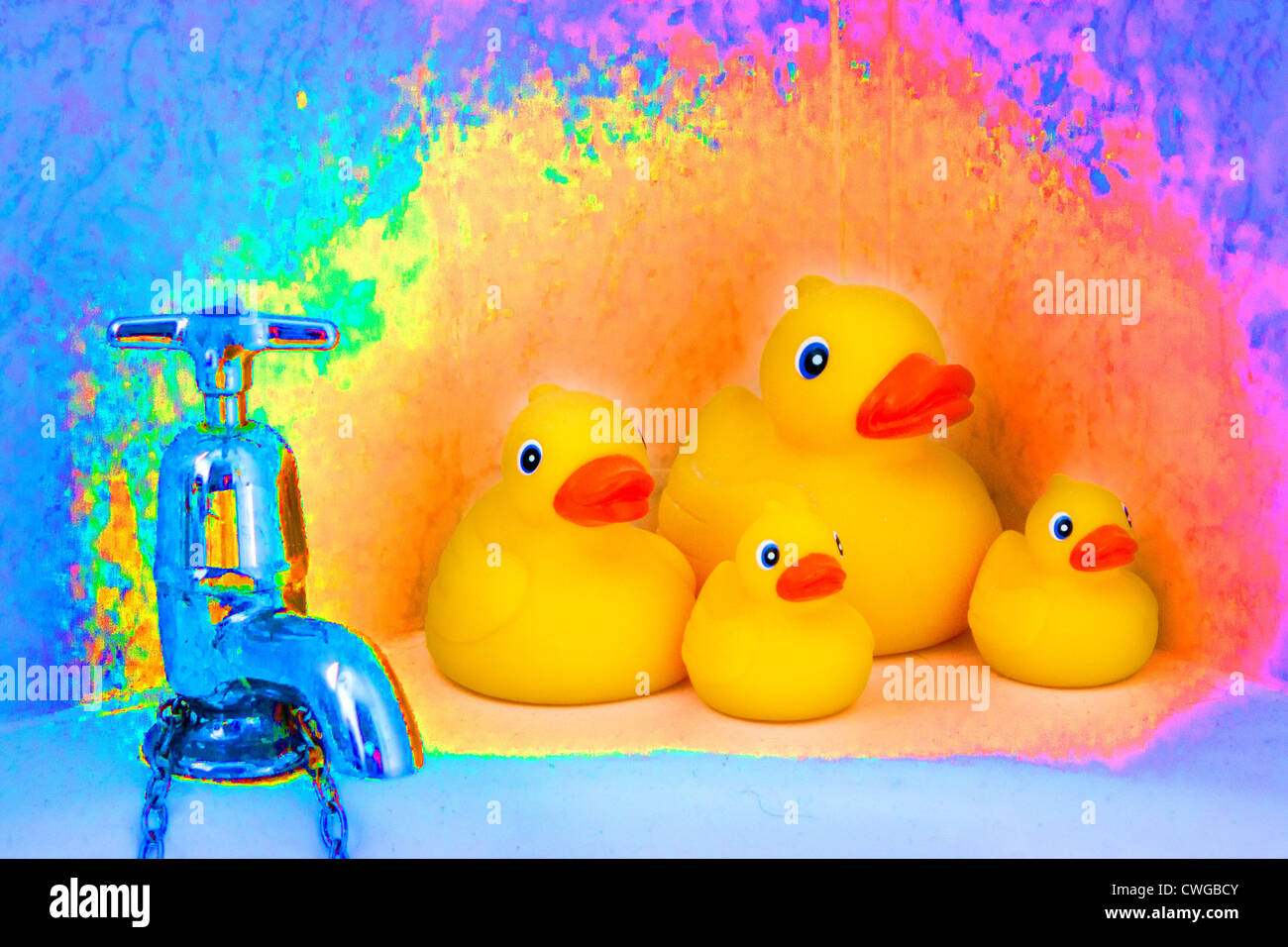 Psychedelic image of a family of plastic ducks next to a tap on edge of ...