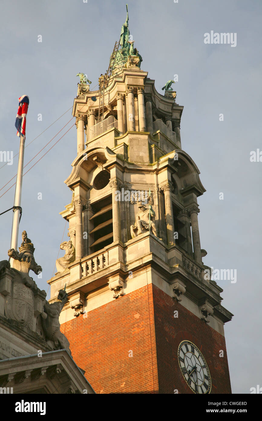 Architectural detail of clock tower of the Guildhall building ...