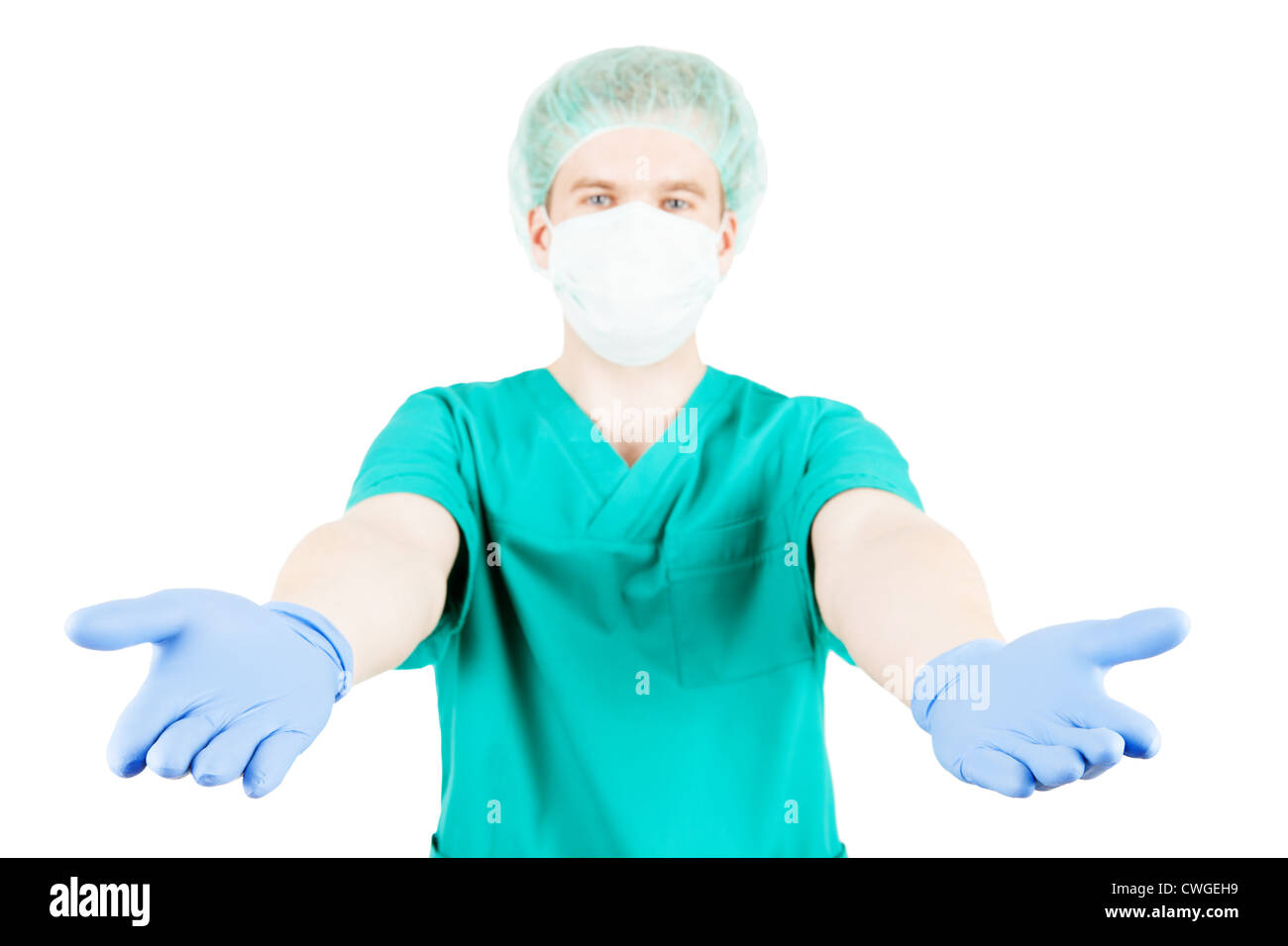 Male surgeon stretched out his hands and isolated on white Stock Photo ...