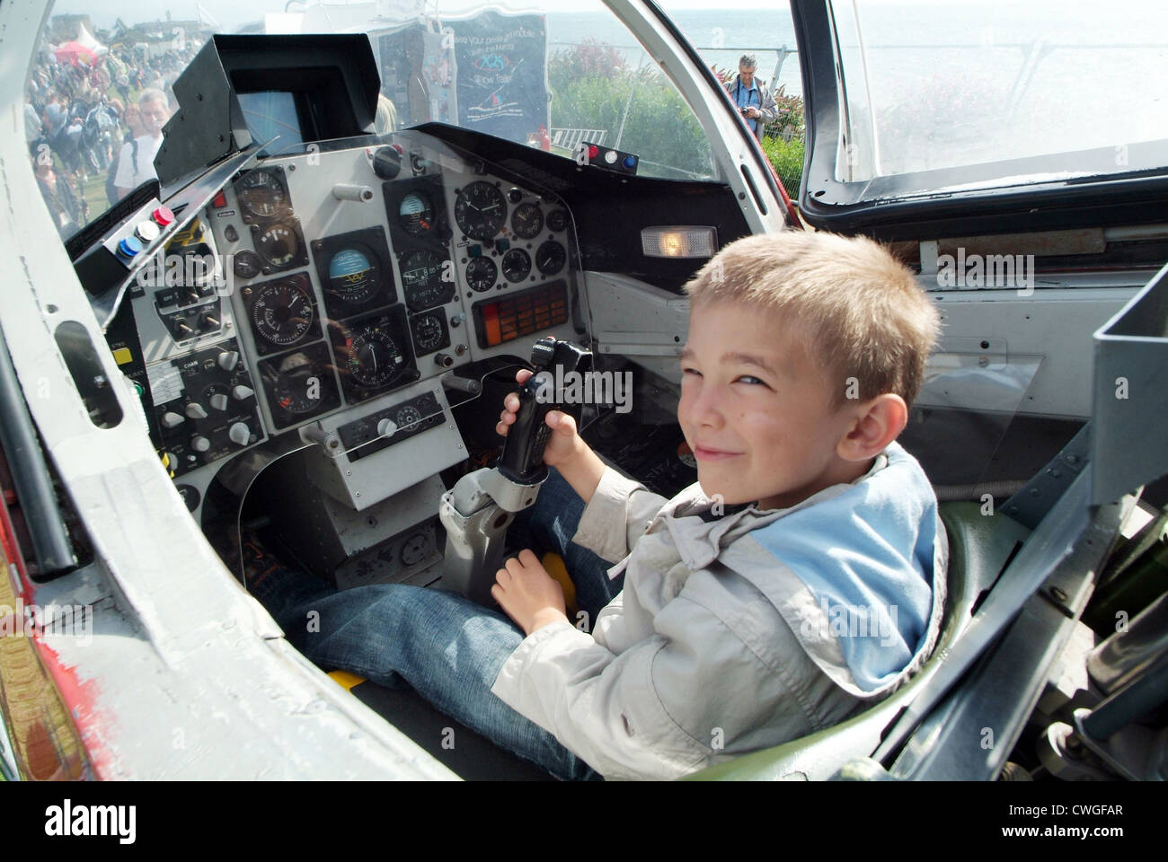 England, a little boy in a jet at an airshow in Eastbourne Stock Photo ...