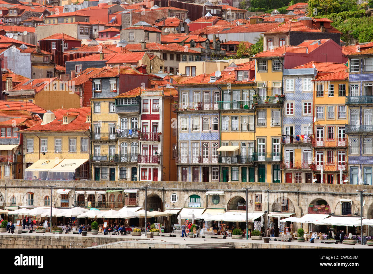 waterfront houses shops and cafes Cais da Ribeira Porto Portugal Stock ...