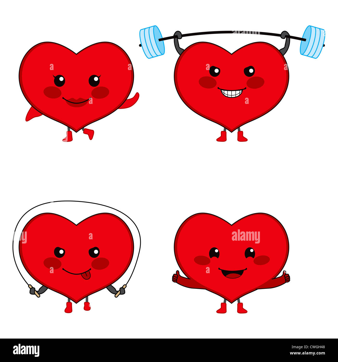 Collection of four cute heart cartoon characters exercising healthy ...