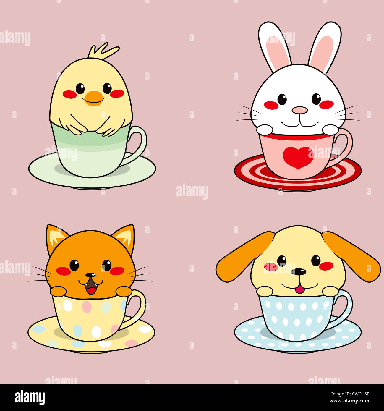 Four adorable cute little animals inside colorful teacups Stock Photo ...