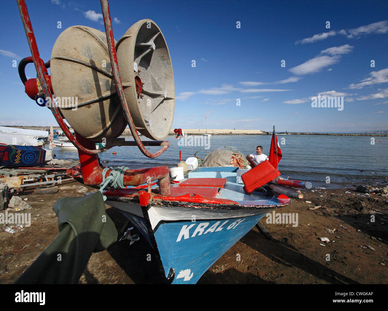 Trabzon, blue fishing boat on the beach Stock Photo - Alamy