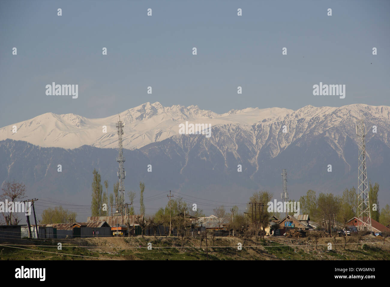Ice capped mountains as visible in Srinagar. From Srinagar, the view of ...
