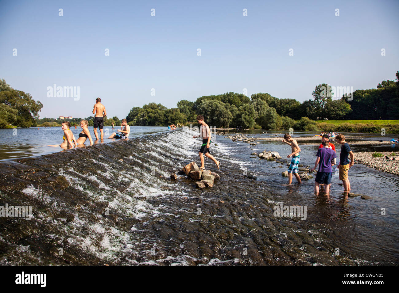 River Ruhr, Essen, Germany. Summer time, people enjoying warm sunny ...