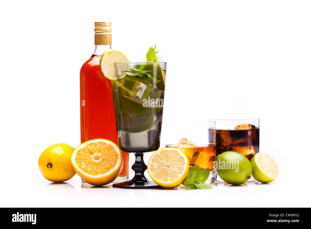 Exotic alcohol drinks set with fruits isolated on white background ...