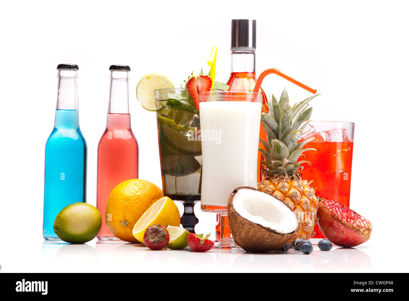 Exotic alcohol drinks set with fruits isolated on white background ...