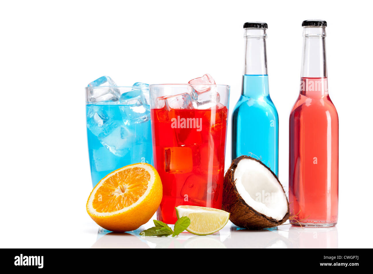 Exotic alcohol drinks set with fruits isolated on white background ...