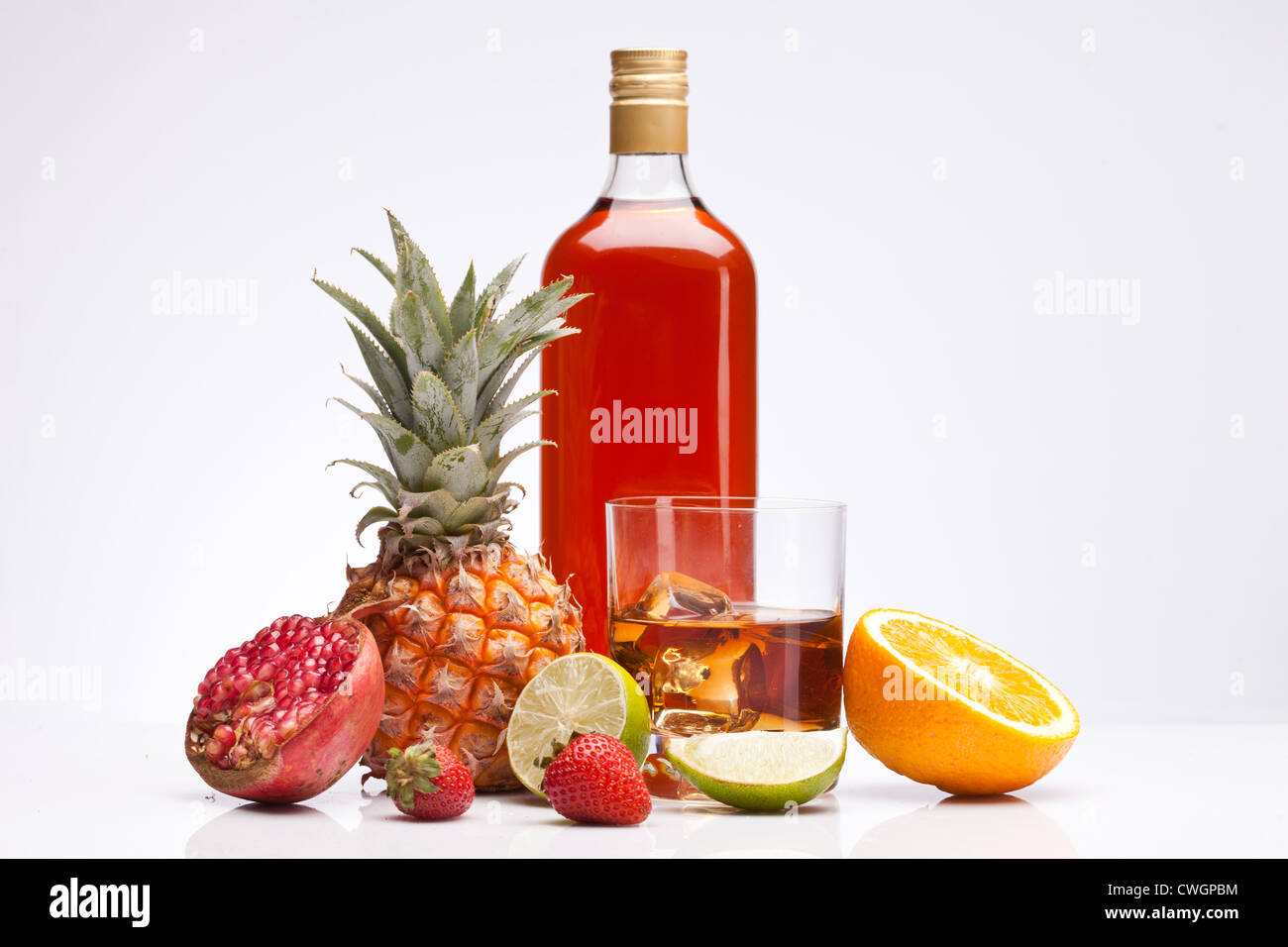 Exotic alcohol drinks set with fruits isolated on white background ...
