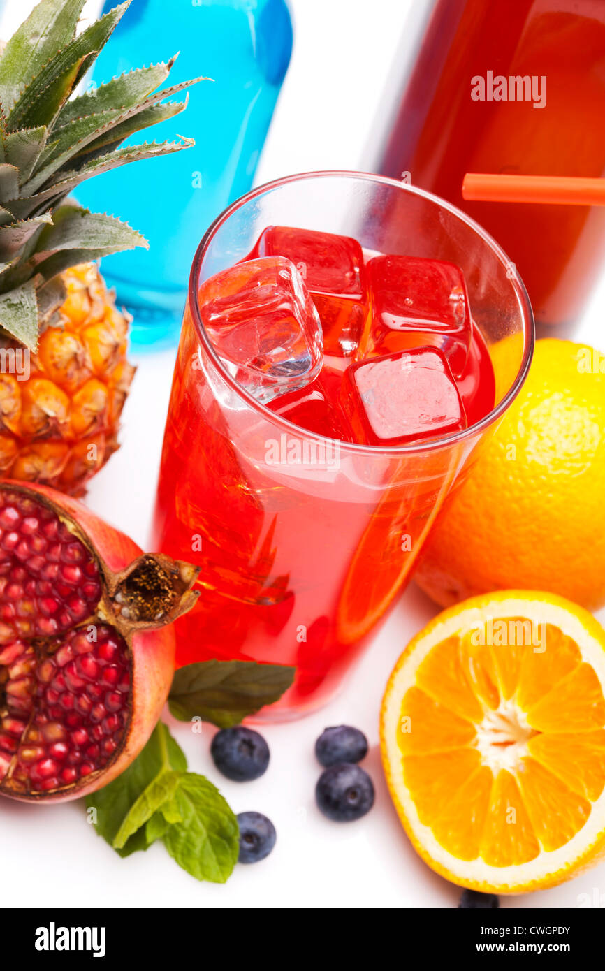 Exotic alcohol drinks set with fruits isolated on white background ...