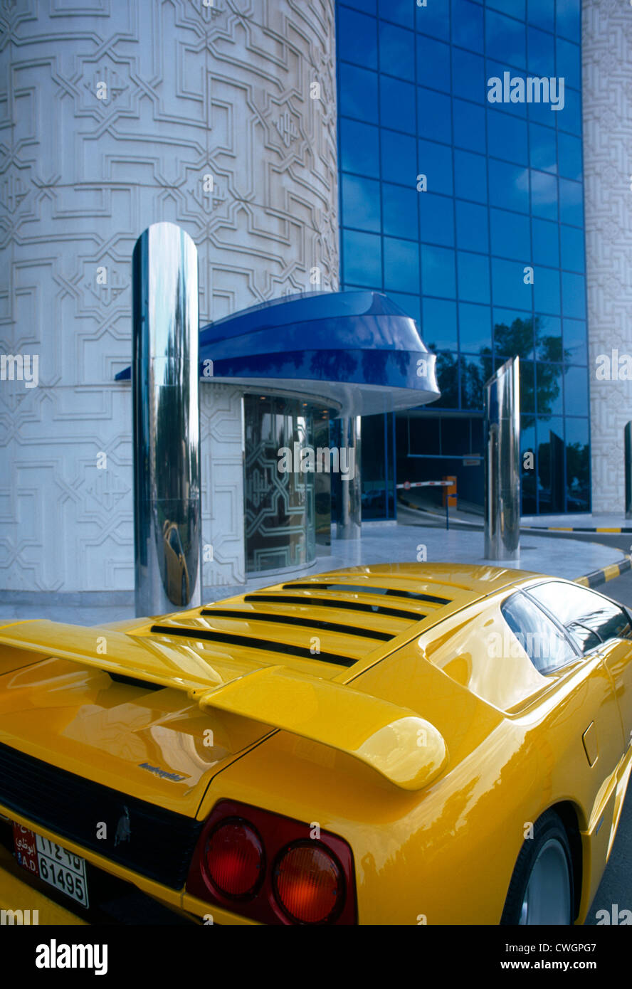 Abu Dhabi UAE Lamborghini And Building Yellow And Blue Stock Photo - Alamy