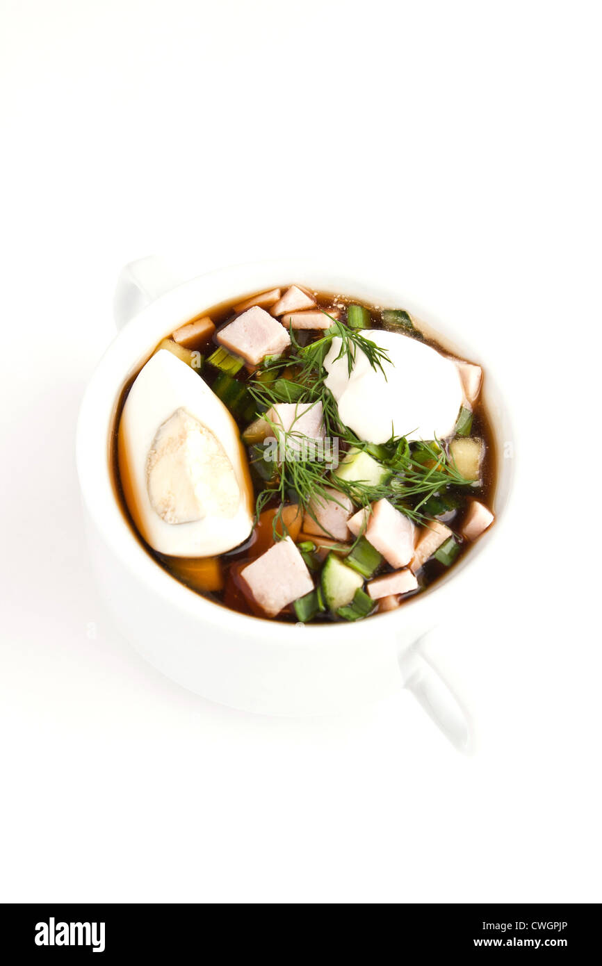 okroshka cold kvass soup with chopped vegetables and meat Stock Photo ...