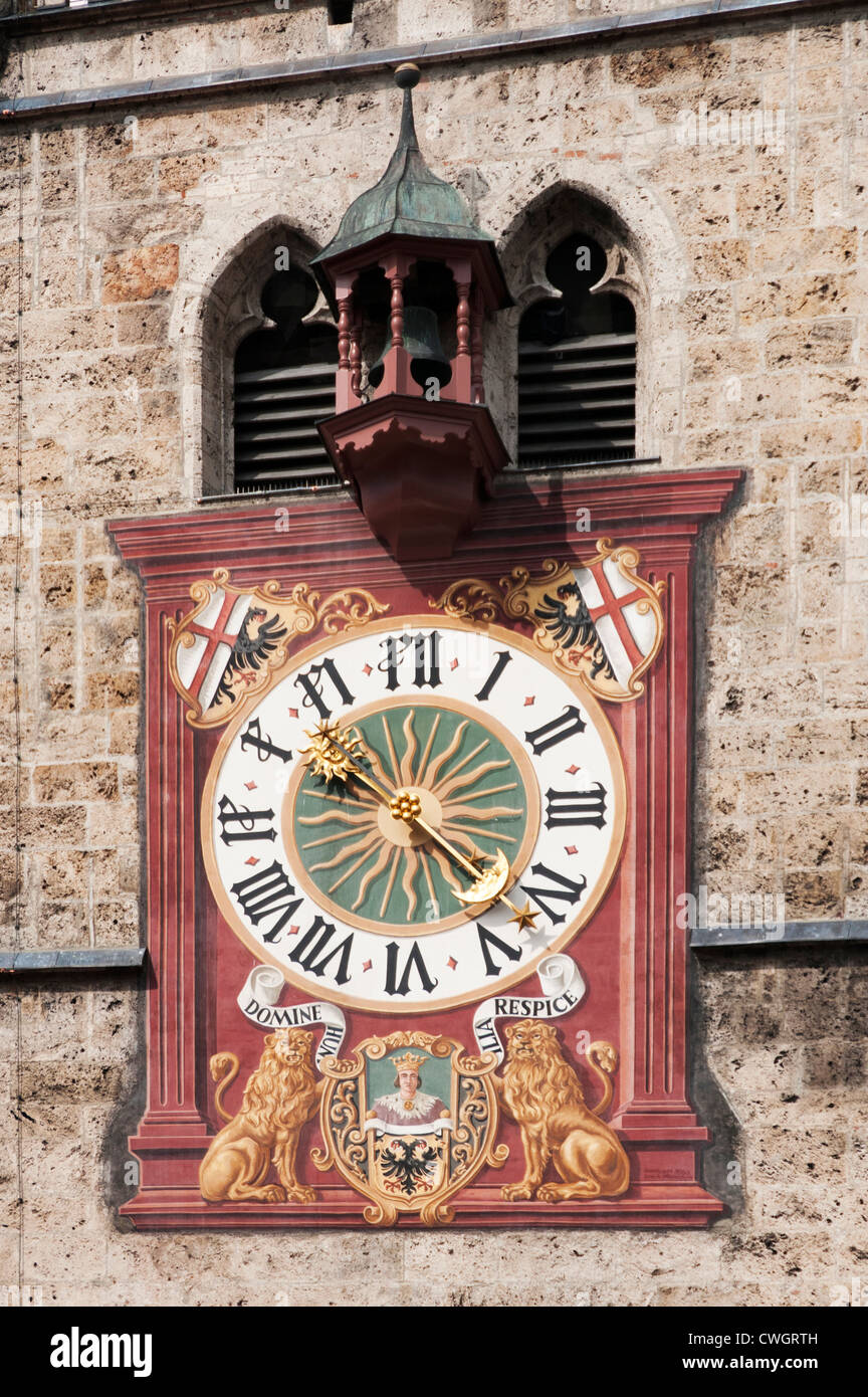 old clock on church in Memmingen germany Stock Photo - Alamy