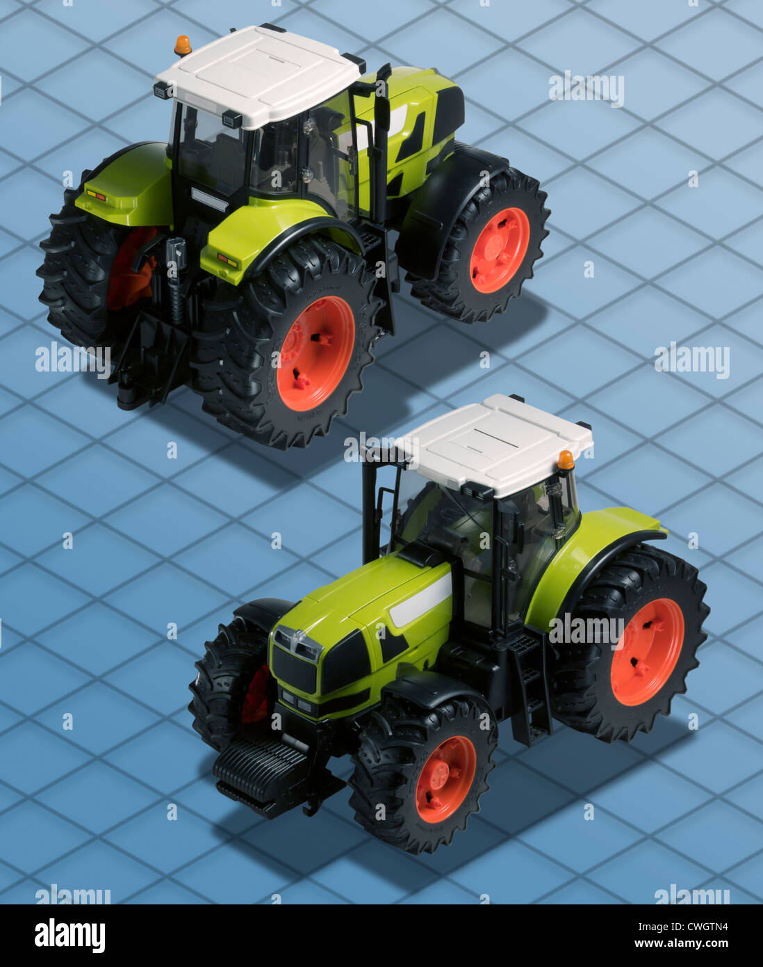 A detailed isometric toy model of a black tractor, complete with ...