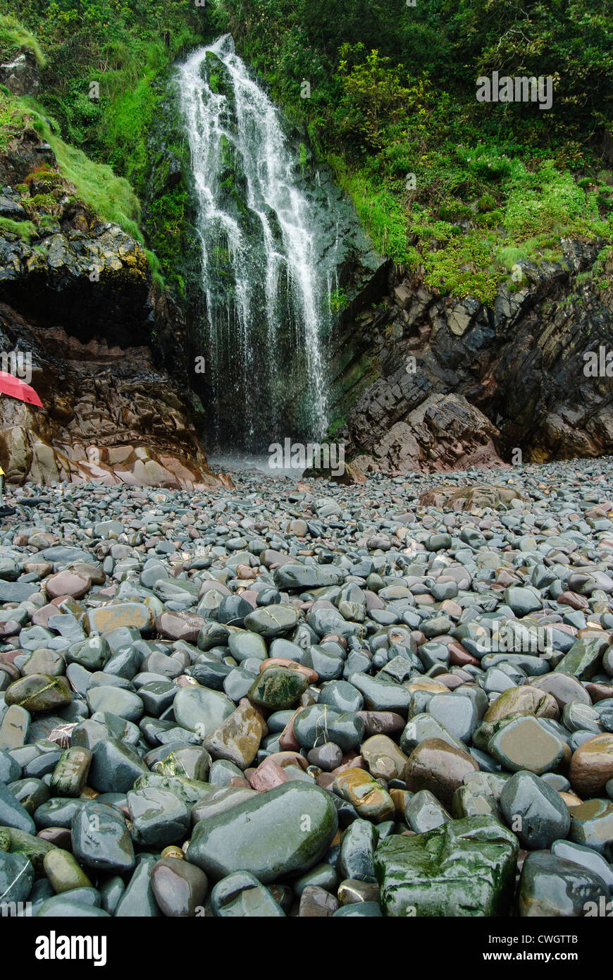 Waterfall on pebbled beach. Clovelly, Devon, England Stock Photo - Alamy
