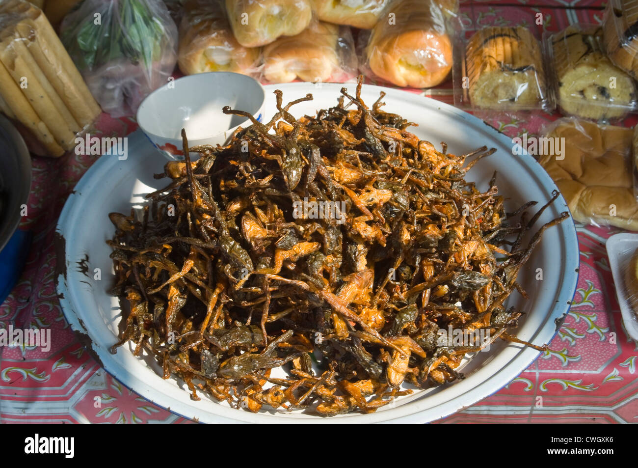 Horizontal close up of deep fried frogs and baked produce on sale at a ...