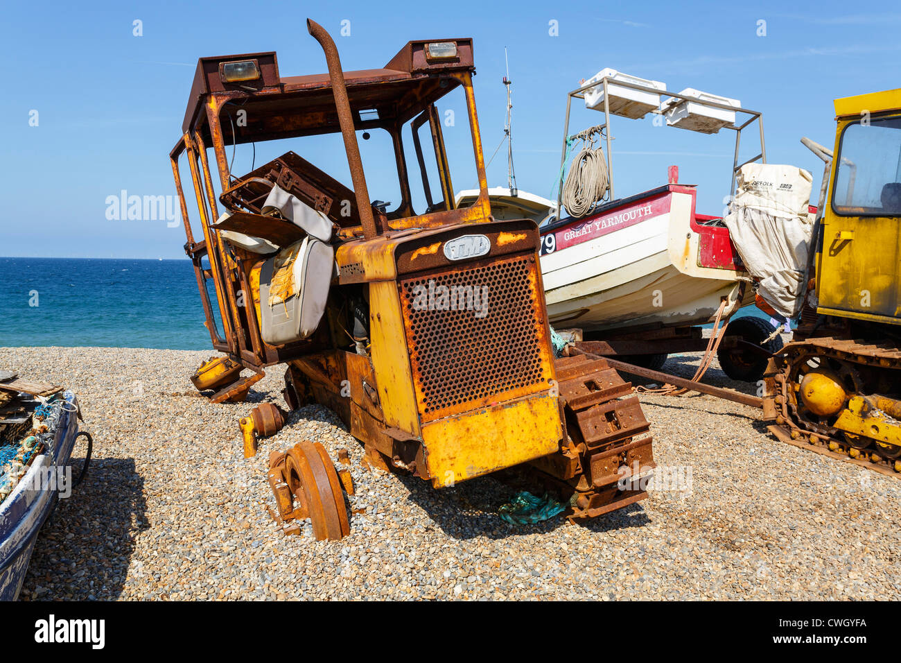 An old broken bulldozer used for hauling the "Cromer Crab Boats" up the ...