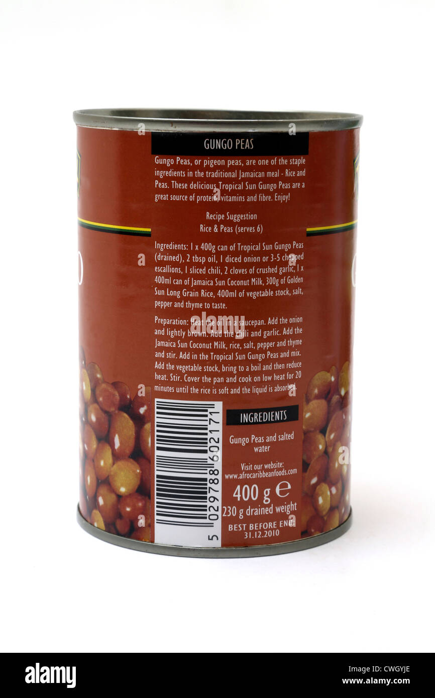 Tin Of Gungo Peas Caribbean Food Showing Ingredients On Label Stock ...