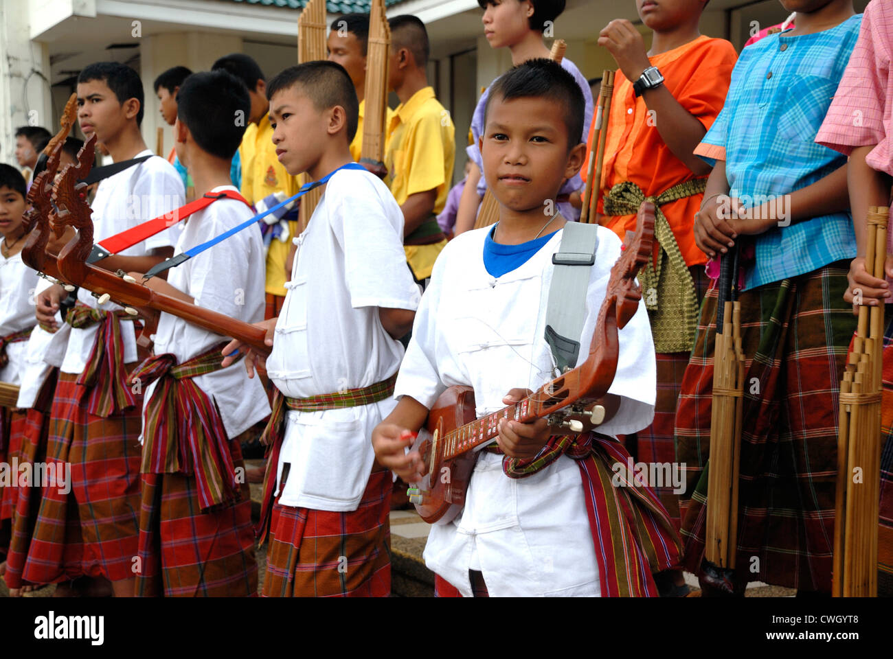 Thai tradional music bands at the candle and wax festival (Khao Phansa ...