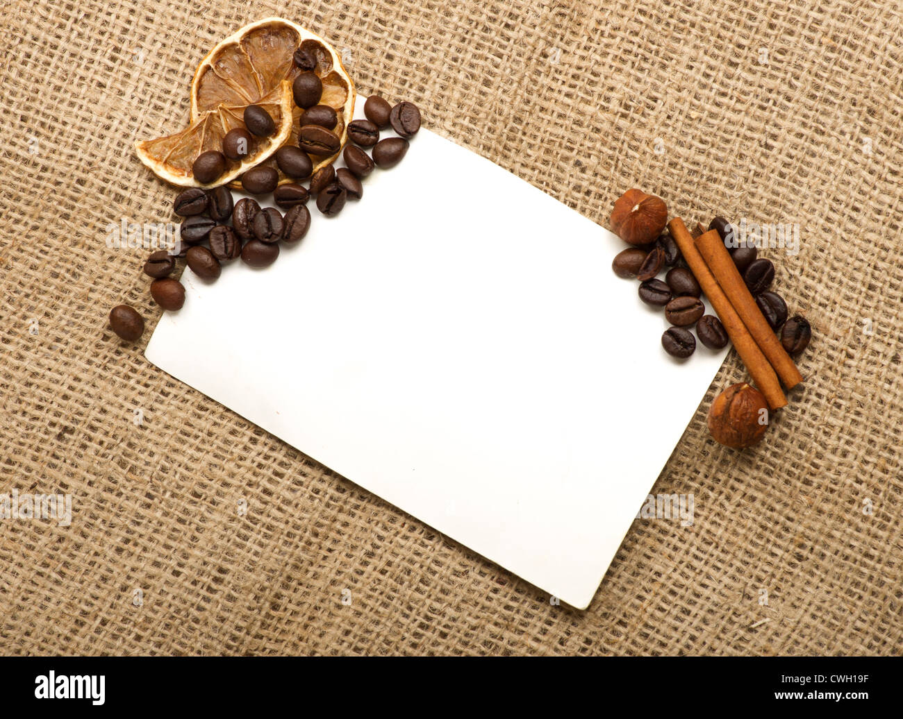 Menu Design.Old paper, coffee bean, cinnamon, lemon, burlap Stock Photo ...