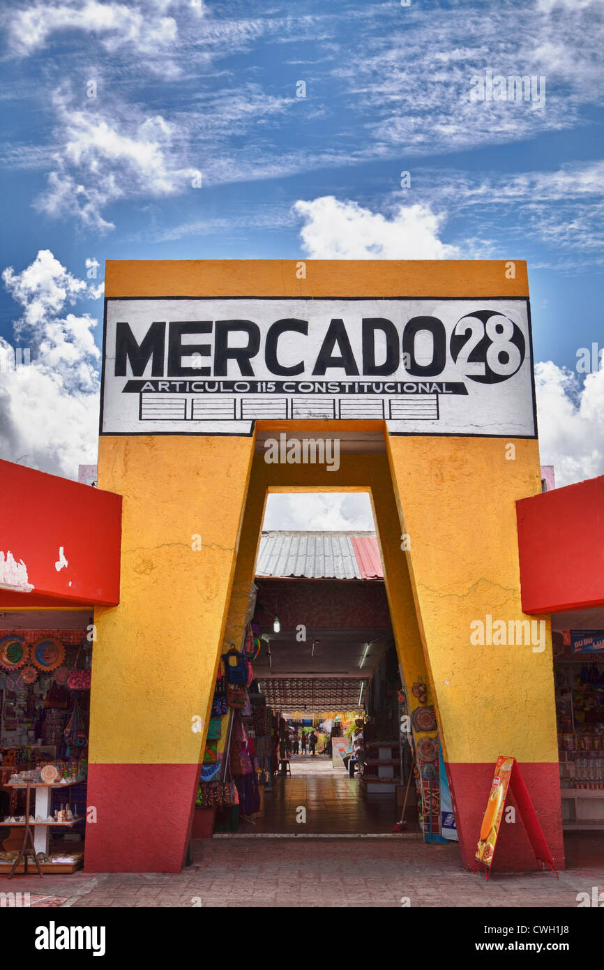 Entrance to Market 28 (Mercado 28) an open air flea market, Cancun ...