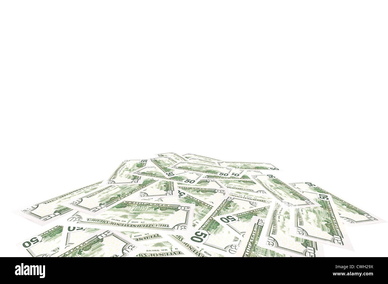 A stack of fifty 50 dollar bills fanned out with the back US Capitol ...