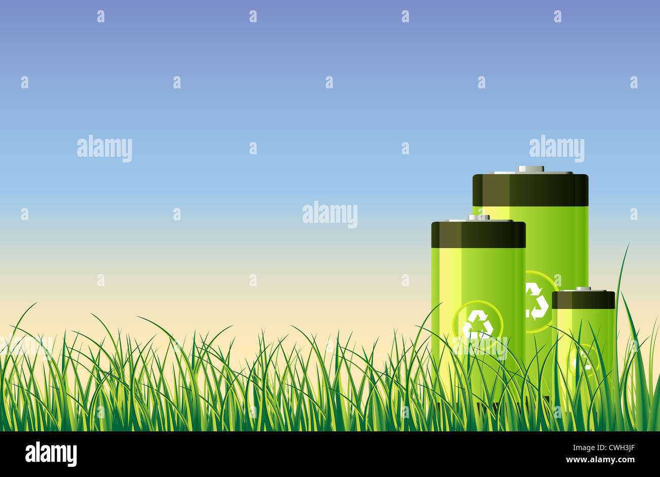 Green recyclable batteries in the open green field Stock Photo - Alamy